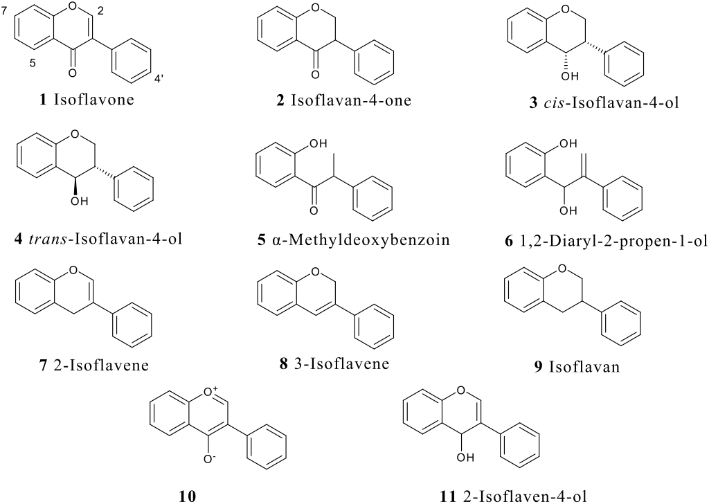 Multiple hydride reduction pathways in isoflavonoids